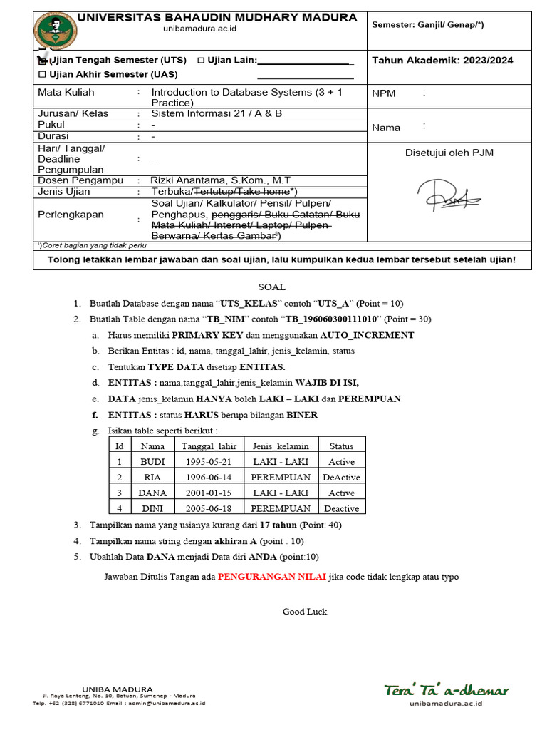 Ujian Database Sistem UNIBA 2023/2024 | PDF