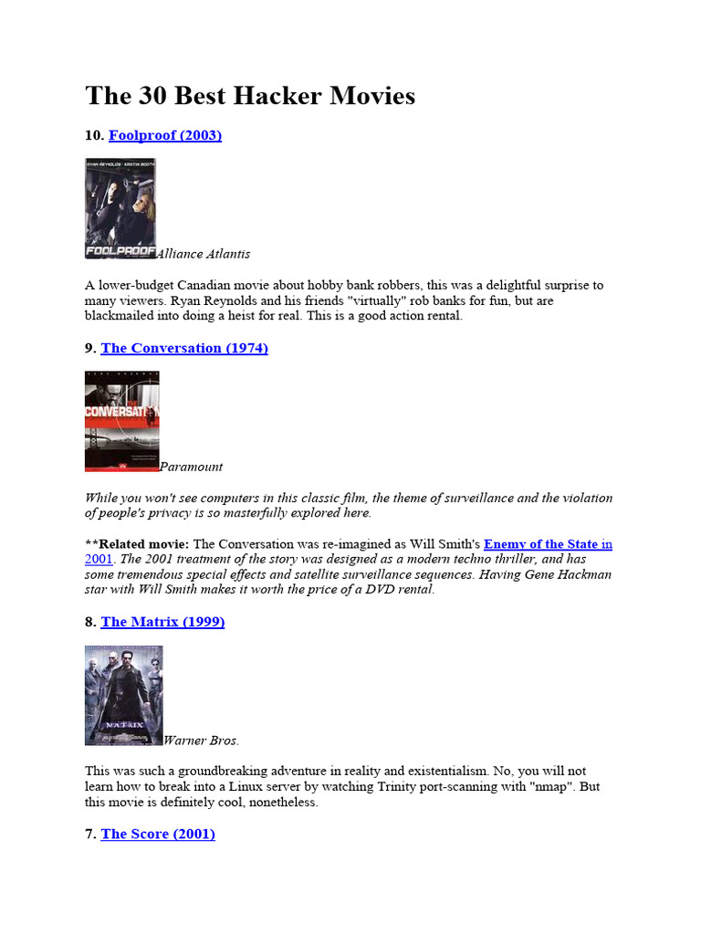 The 30 Best Hacker Movies | PDF