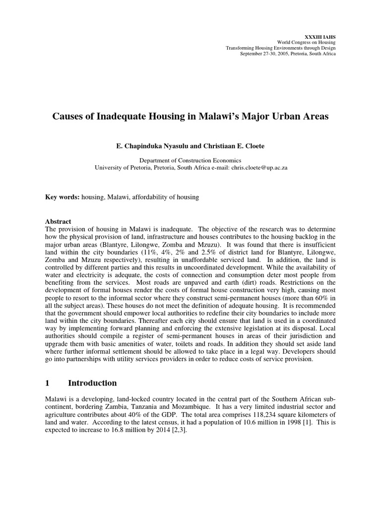 Causes of Inadequate Housing in Malawi's Major Urban Areas | PDF ...