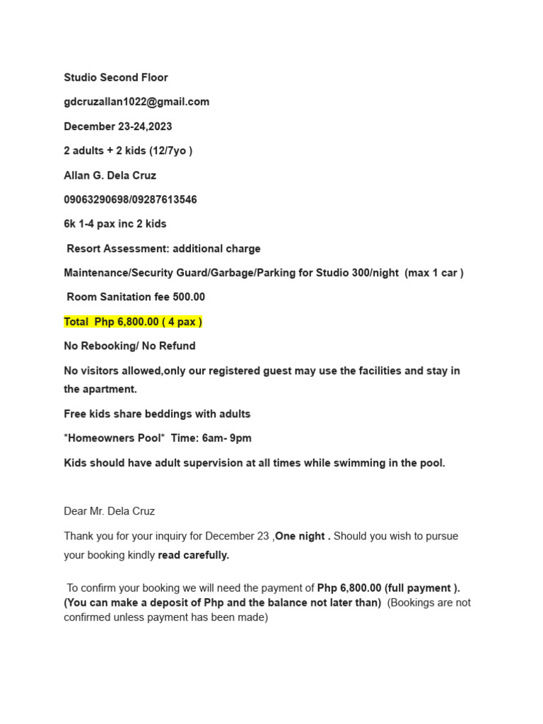 Dela Cruz Allan Booking Request December 23 | PDF | Law