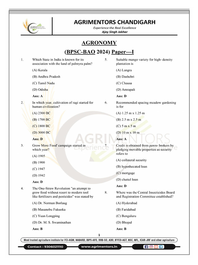 AGRONOMY (General Agriculture) Paper 1 | PDF