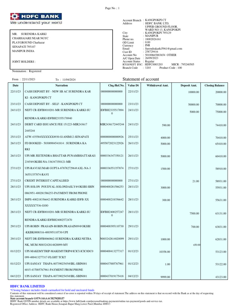 HDFC Bank Statement | PDF | Service Industries | Payments