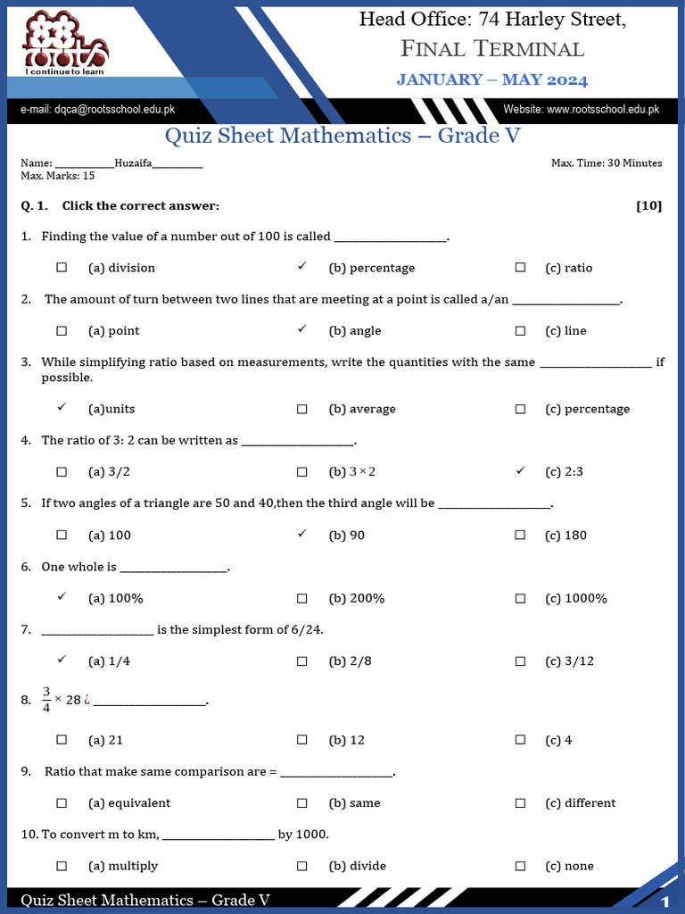 Mathematics Quiz 5 | PDF | Ratio | Numbers