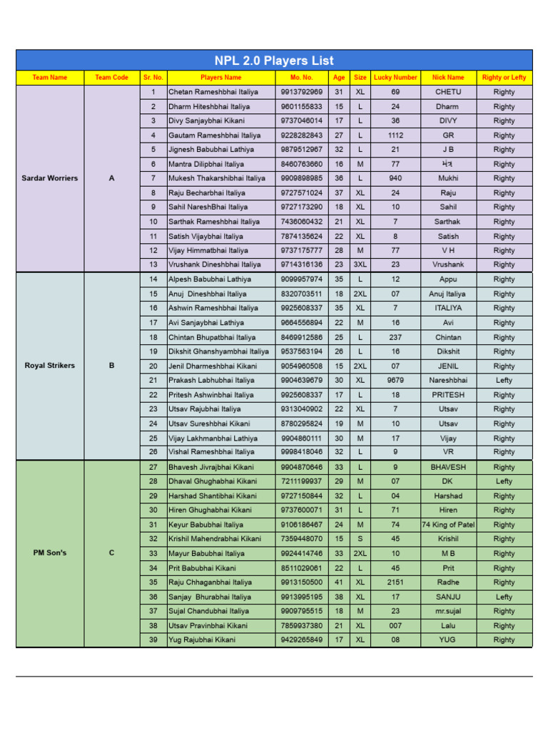 NPL 2.0 - Players List | PDF