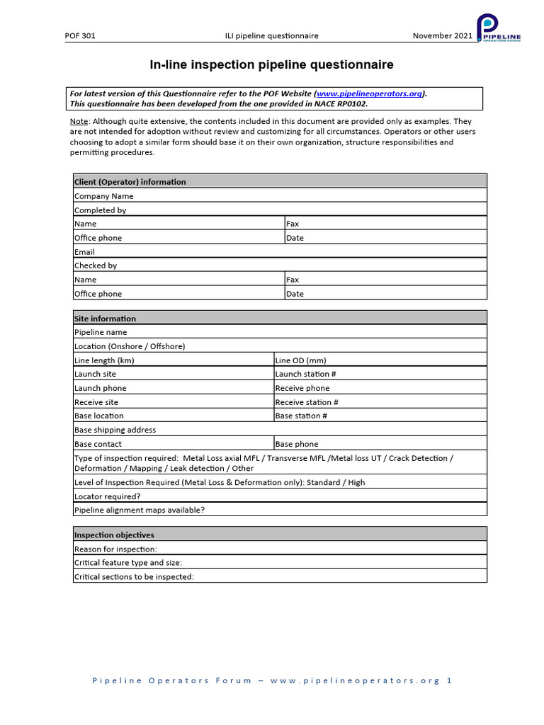 POF 301 ILI Pipeline Questionnaire - Nov 2021 | Download Free PDF ...