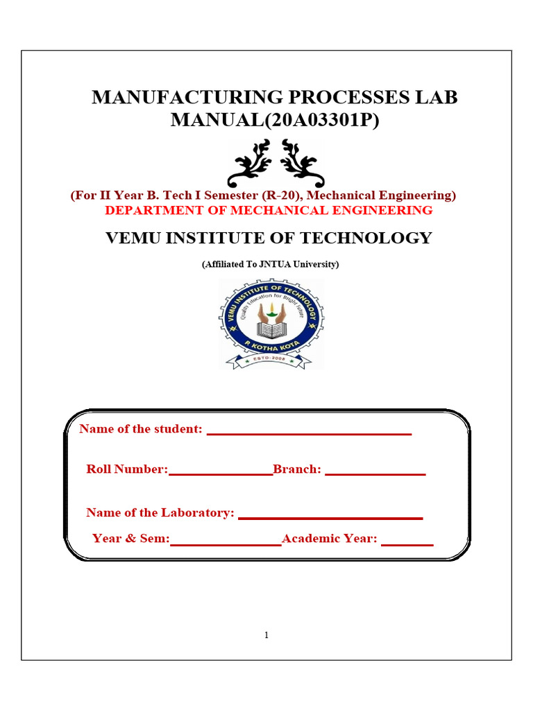 Manufacturing Processes Lab MANUAL (20A03301P) : Vemu Institute of ...
