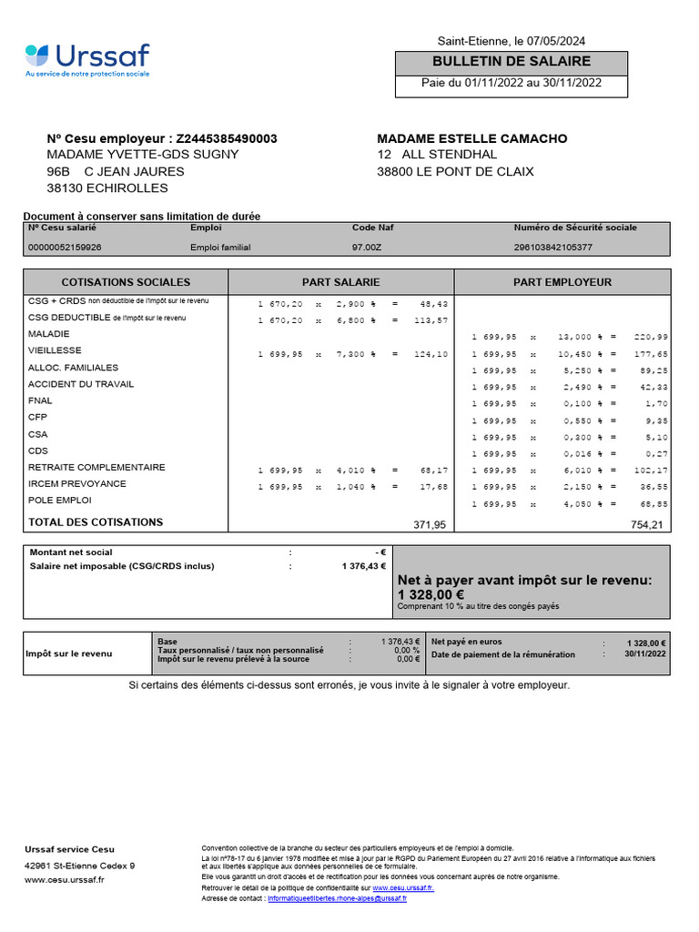 Bulletin de Salaire CESU Novembre 2022 | PDF | Salaires | Impôt sur le ...