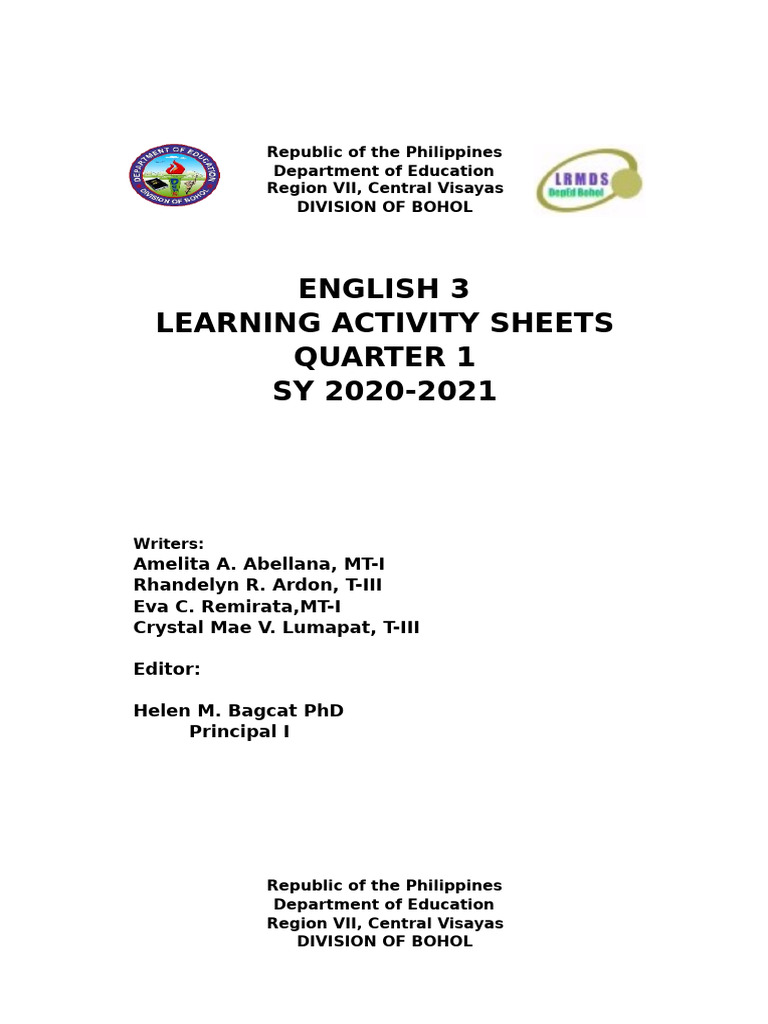 English 3 Q1 LAS Wk1 Day 1-5 | PDF | Subject (Grammar) | Syntax
