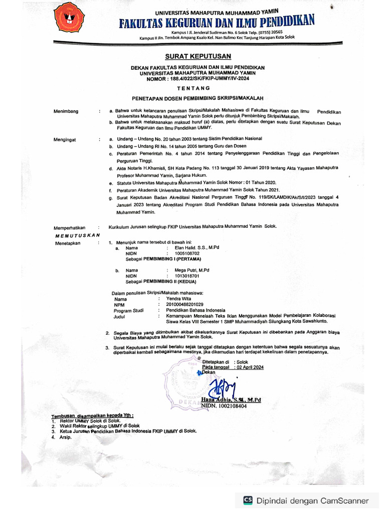 Scan SK Pembimbing Yendra | PDF