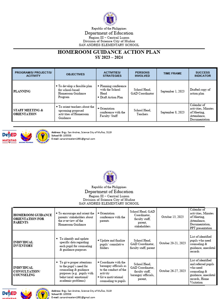 Homeroom Guidance Action Plan: Department of Education | PDF
