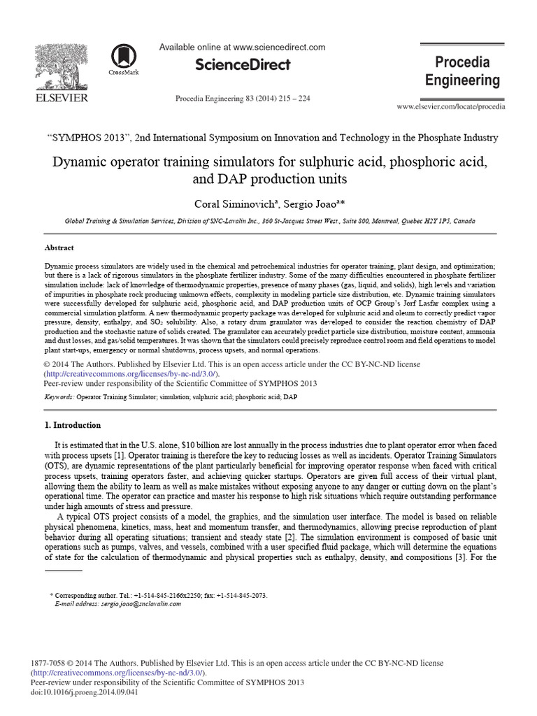Dynamic Operator Training Simulators For Sulphuric Acid, Phosphoric Acid, and DAP Production ...