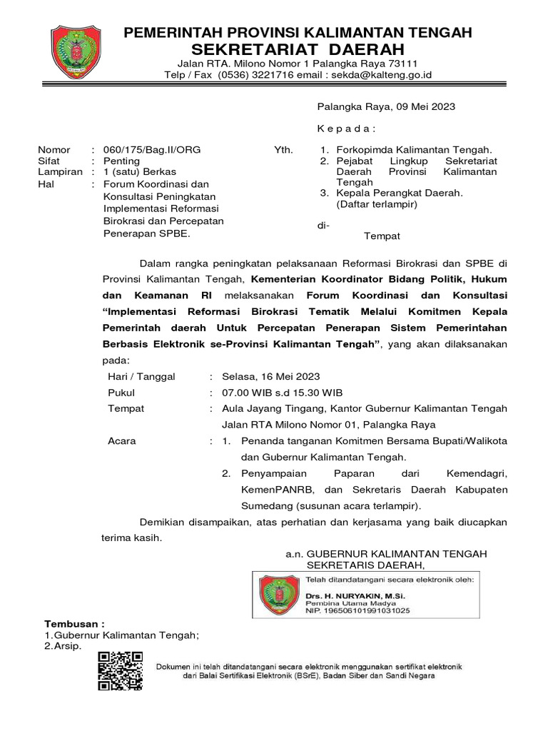 SURAT UNDANGAN FKK 2023-Forkopimda Dan SKPD Kalteng - Sign | PDF