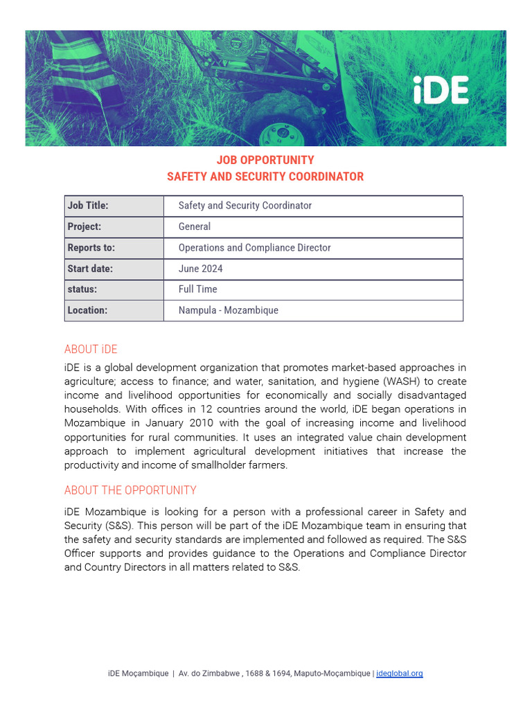 Safety & Security Coordinator Job | PDF | Mozambique | Wash