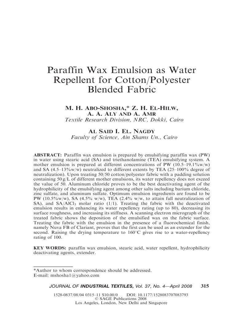 Abo Shosha Et Al 2008 Paraffin Wax Emulsion As Water Repellent For ...