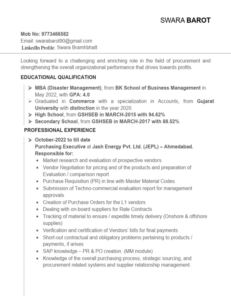 Resume - Swara Barot | PDF | Procurement | Business