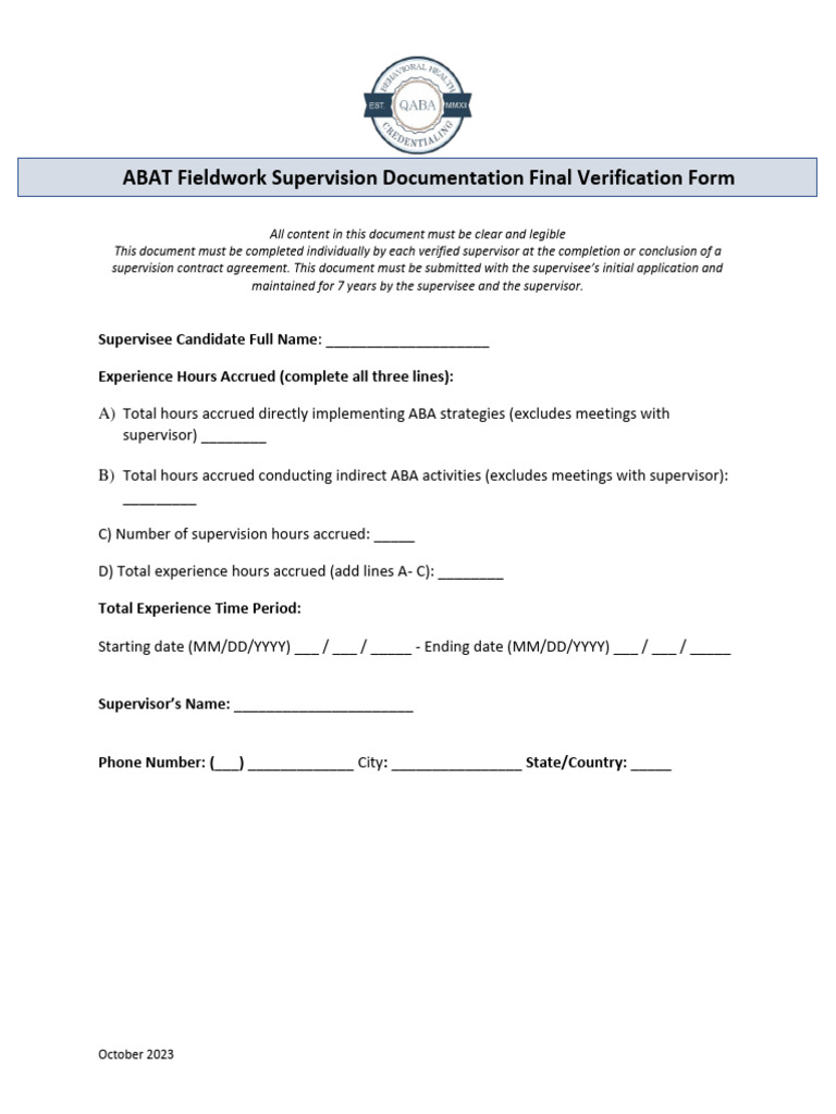 ABAT Fieldwork Supervision Documentation Final Verification Form | PDF ...