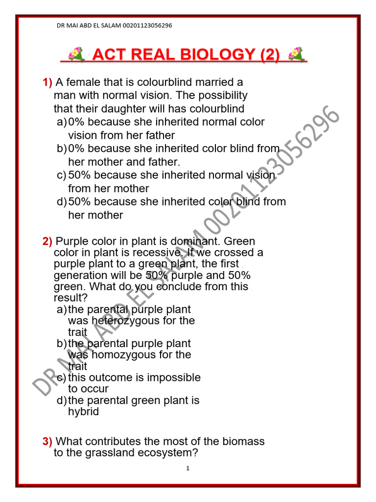 ACT Biology Practice Questions | PDF | Dominance (Genetics) | Genotype