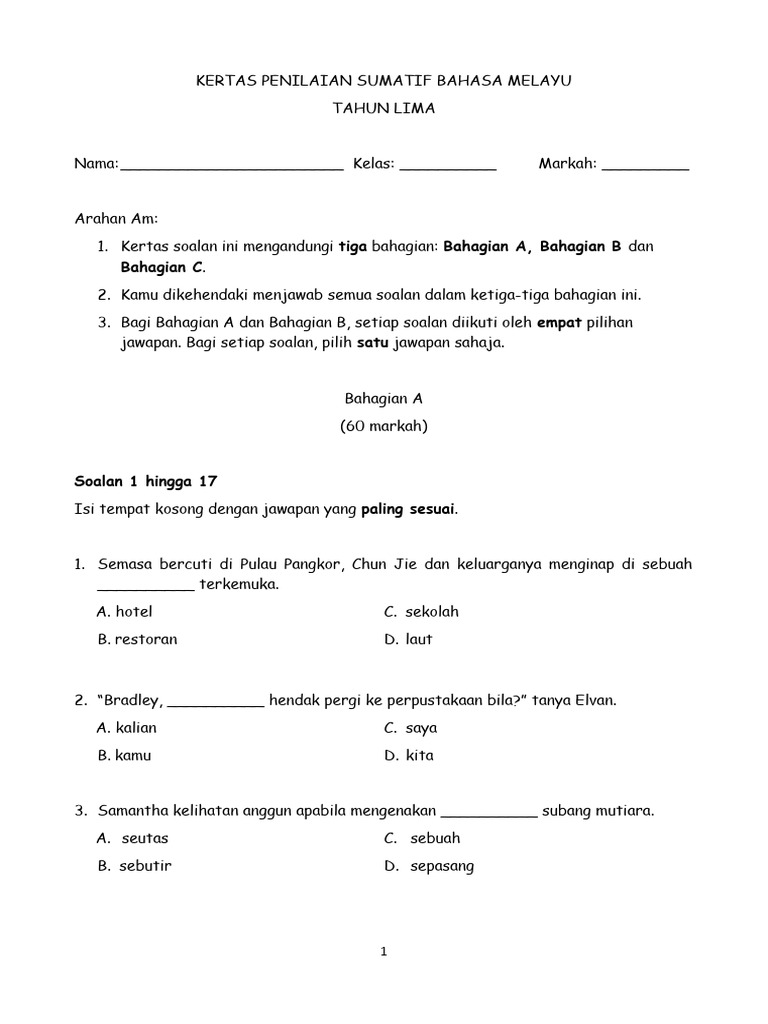 SET 2 KERTAS PENILAIAN SUMATIF BAHASA MELAYU TAHUN LIMA (AutoRecovered) | PDF