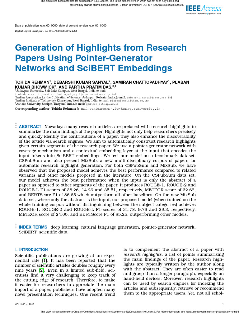 (2023) Generation of Highlights From Research Papers Using Pointer-Generator Networks and ...