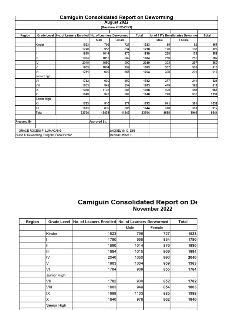 Camiguin Consolidated Report On Deworming | PDF