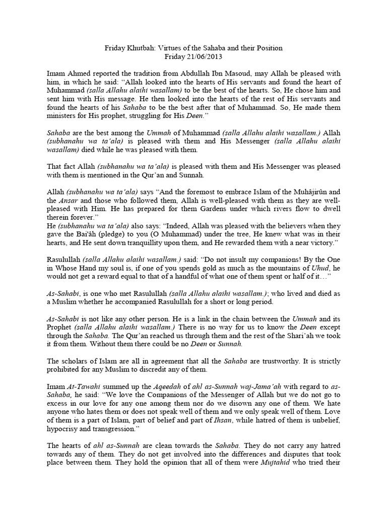 Virtues of The Sahaba and Their Position | PDF | Prophets And ...