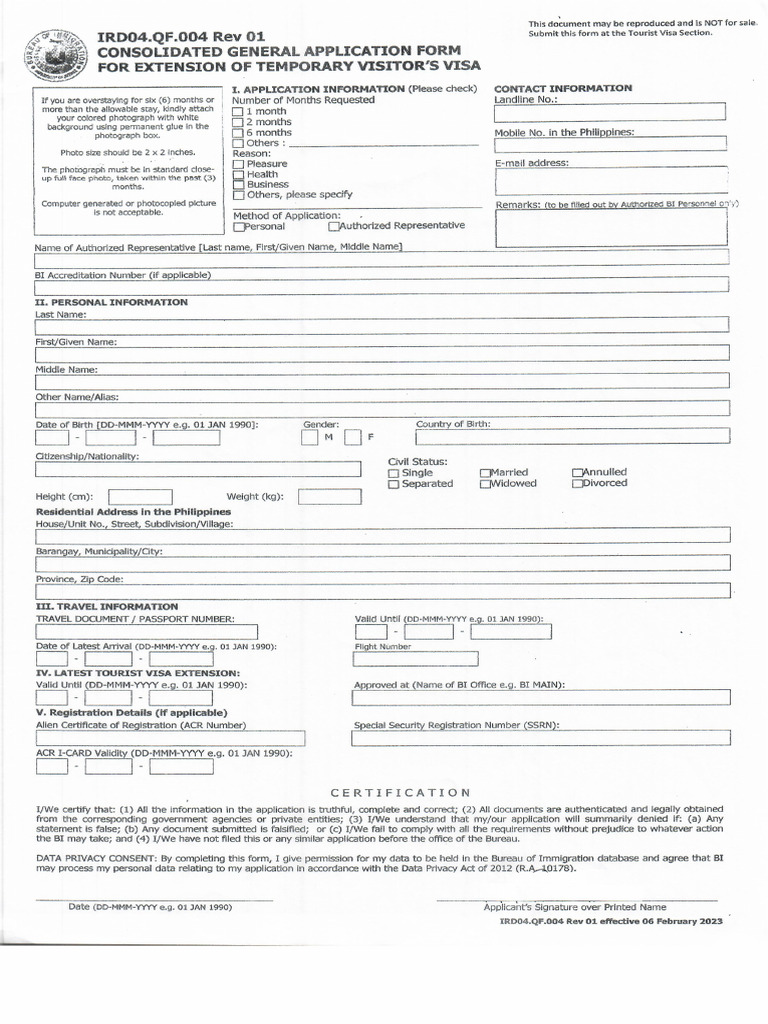 TOURIST VISA EXTENSION FORM - 9A | PDF