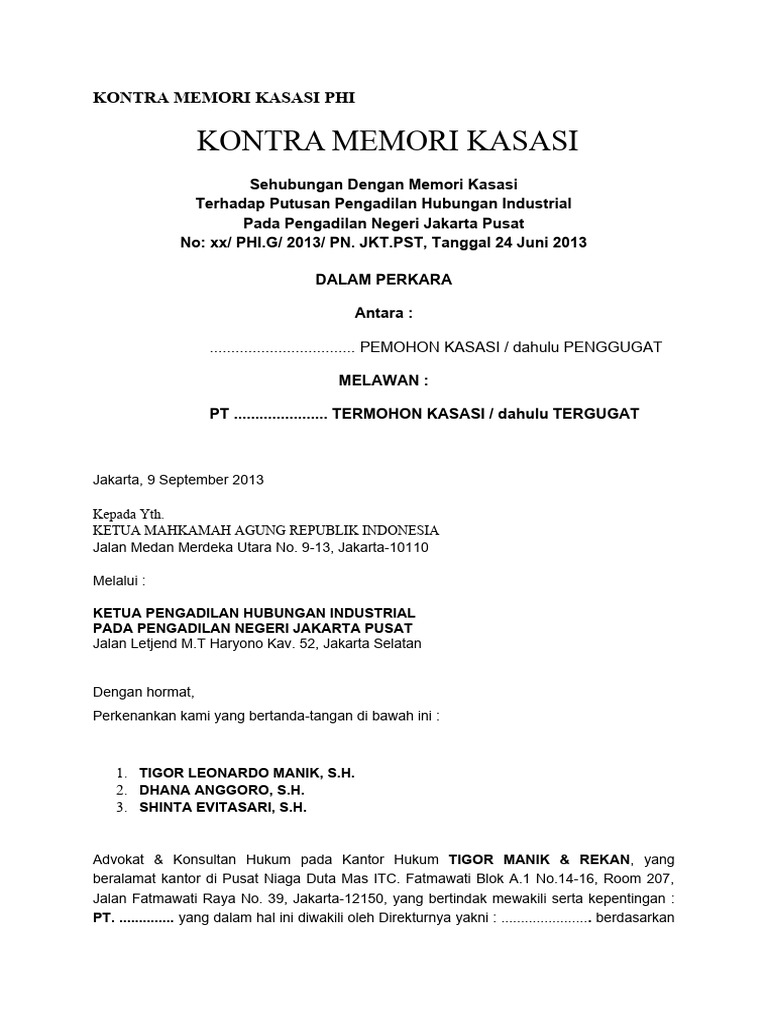 Contoh KONTRA MEMORI KASASI PHI Perusahan Sebagai Termohon Kasasi | PDF
