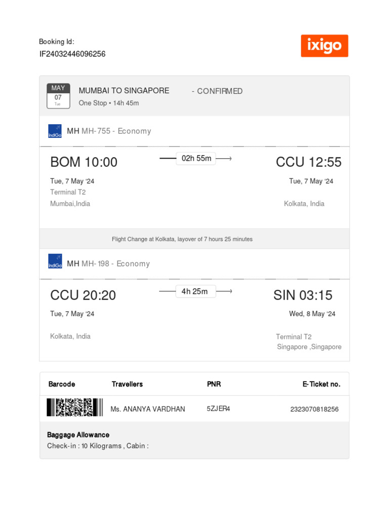 CCU 12:55 BOM 10:00: Mumbai To Singapore | PDF | Aviation