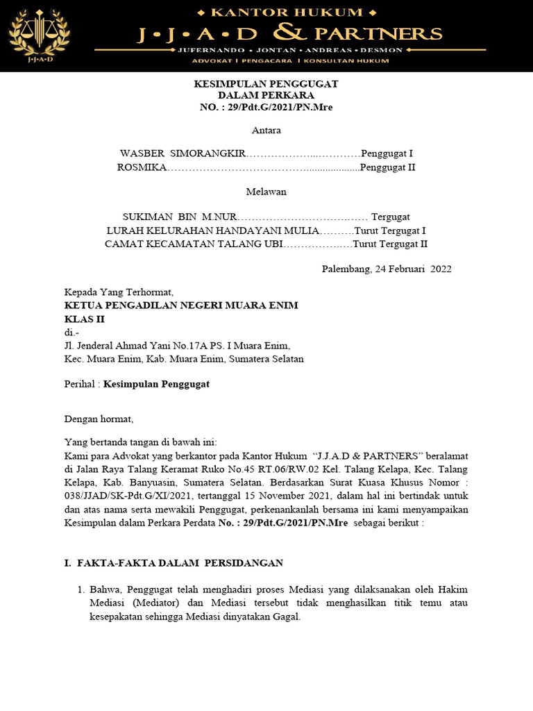 Contoh Kesimpulan Penggugat Perkara Perdata Sengketa Tanah | PDF