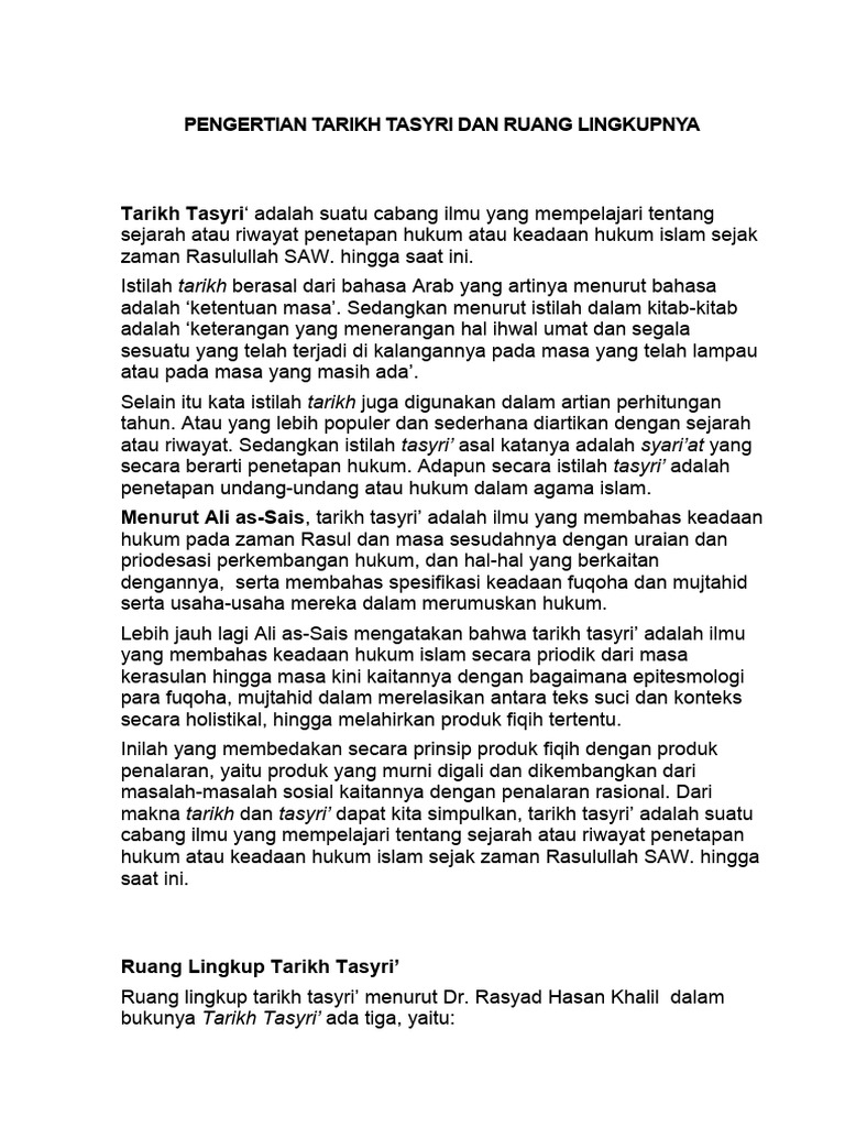 Pengertian Tarikh Tasyri Dan Ruang Lingkupnya | PDF