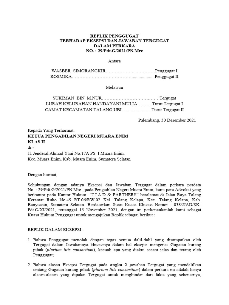 REPLIK Penggugat Atas Jawaban Tergugat Perkara Perdata | PDF