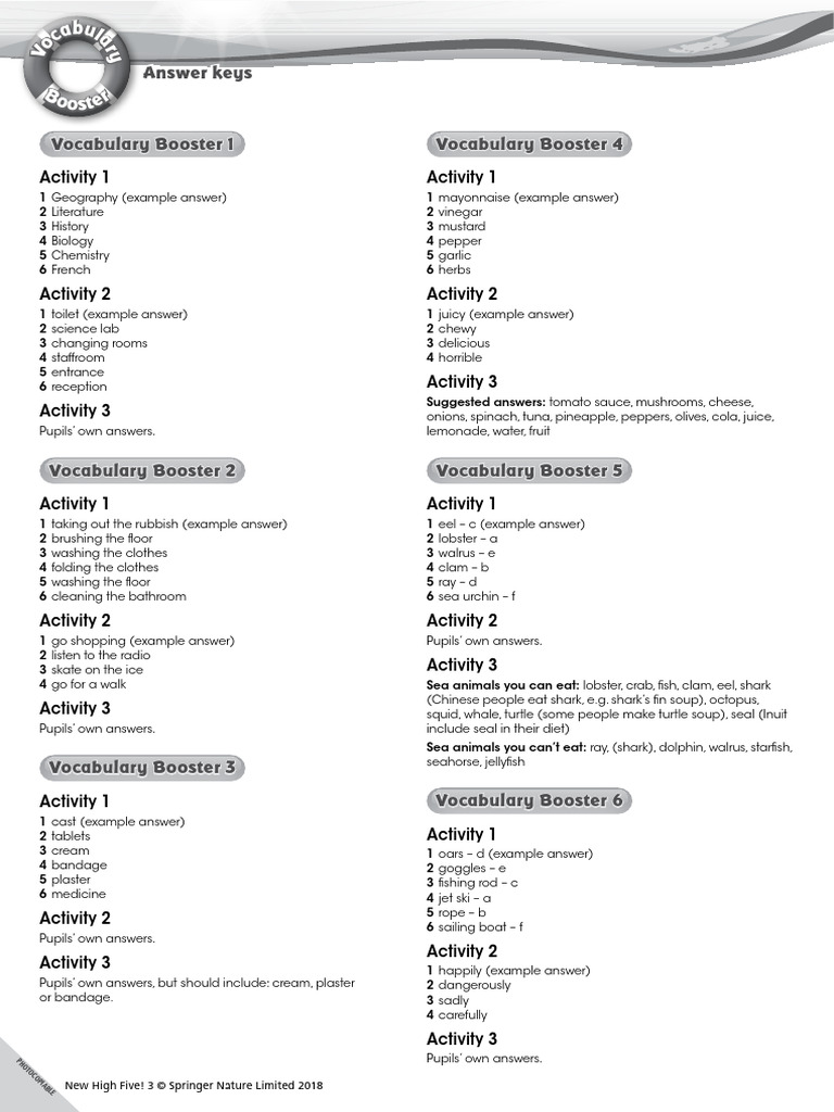 NHF L3 Vocabulary Boosters Answer Key | PDF