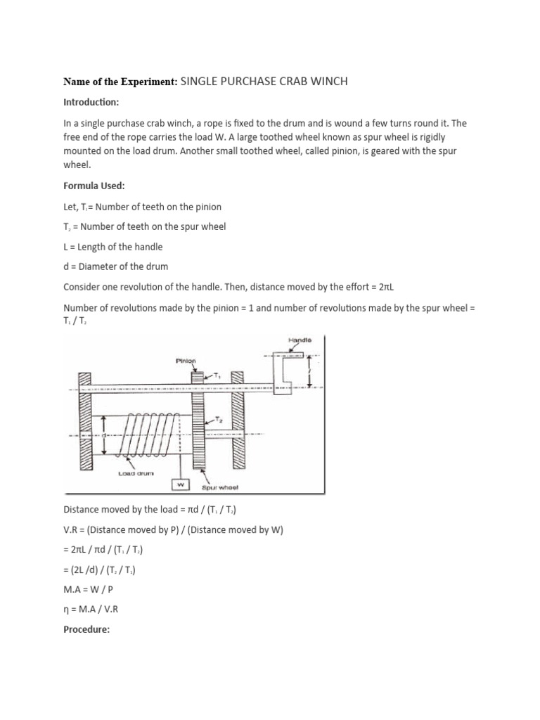 Single Purchase Crab Winch Experiment | PDF