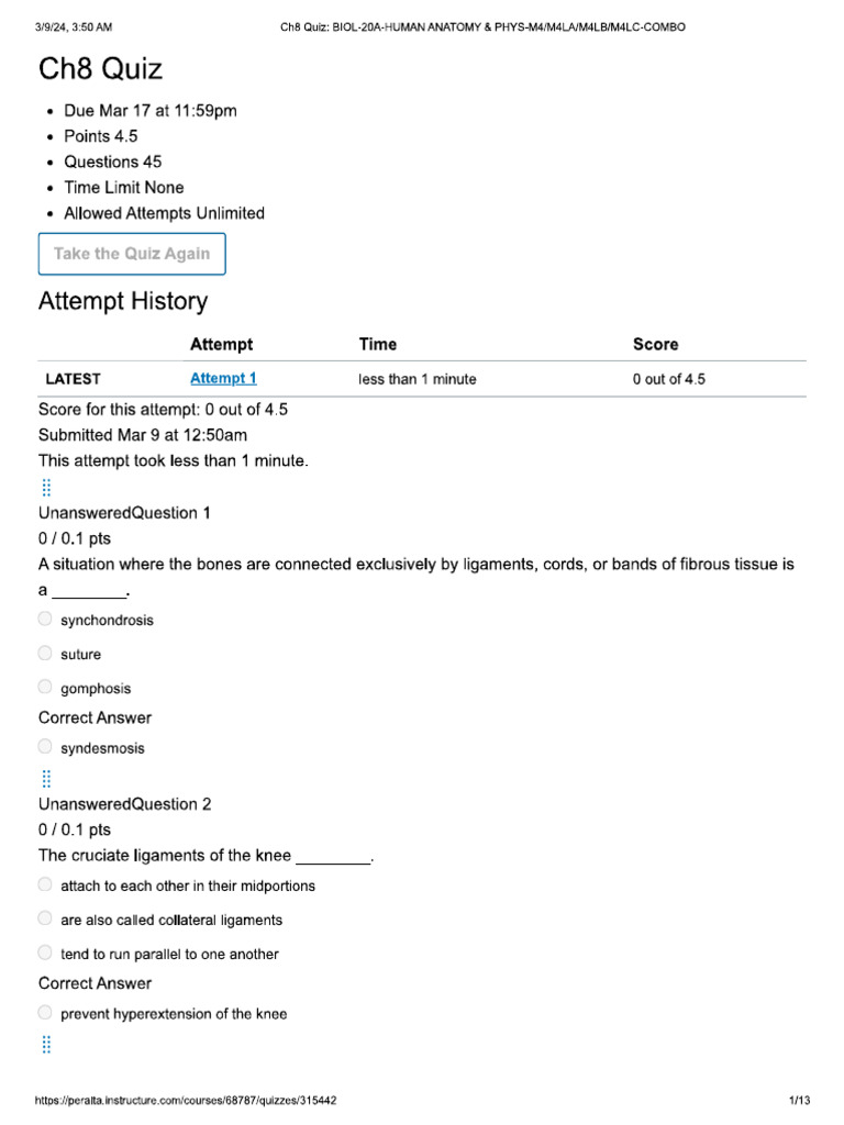 Ch8 Quiz - BIOL-20A-HUMAN ANATOMY & PHYS-M4 - M4LA - M4LB - M4LC-COMBO | PDF