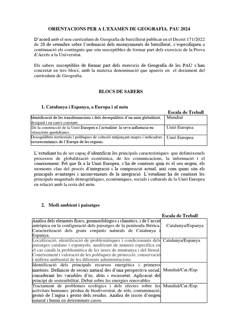 Orientacions Examen Geografia 2024 | PDF