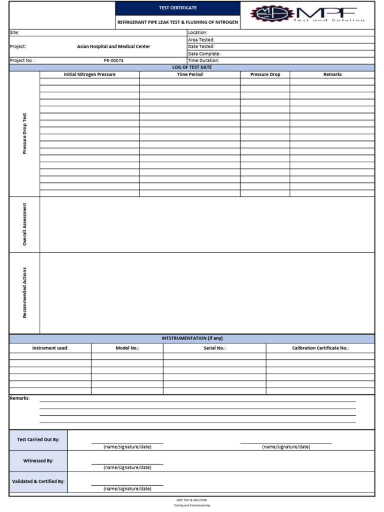 Refrigerant Pipe Leak Test Certificate | PDF