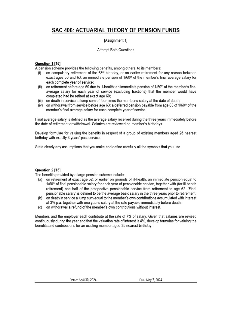 SAC 406 Assignment 1 - 2024 | PDF | Pension | Retirement