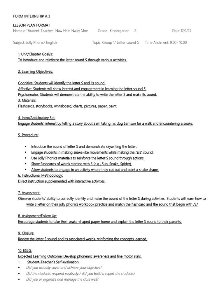 Jolly Phonic Lesson Plan | PDF | Phonics | Lesson Plan