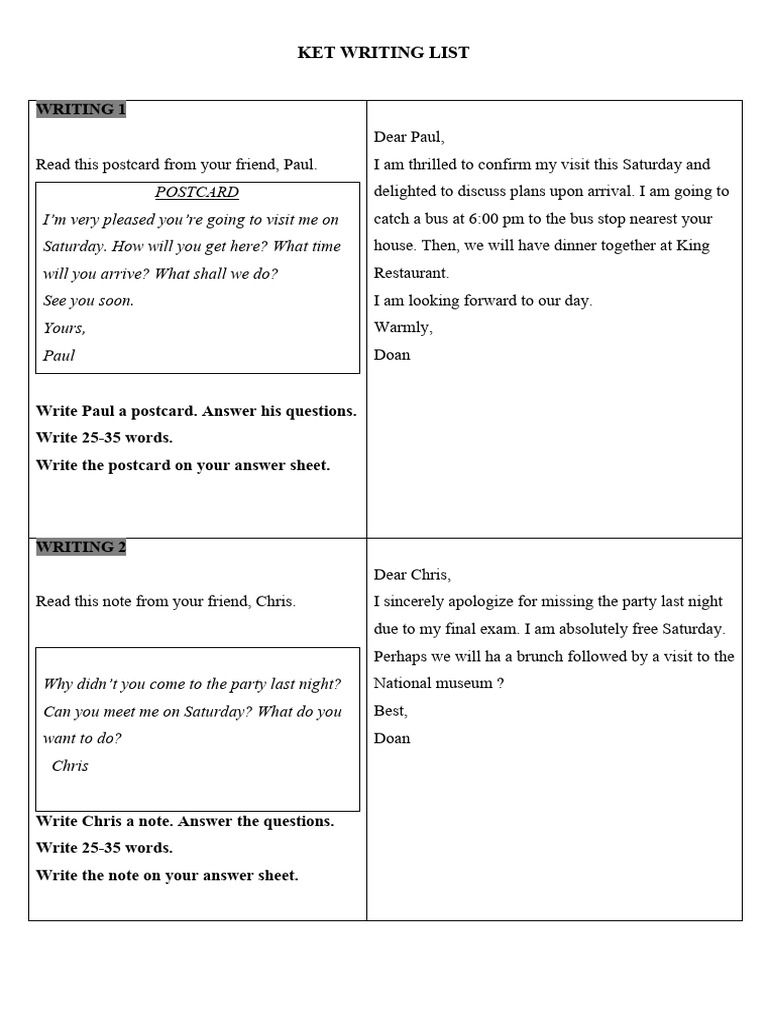 KET WRITING LIST | PDF