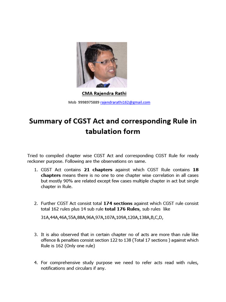 CGST Act and Rules Summary Guide | PDF | Taxation | Government Finances