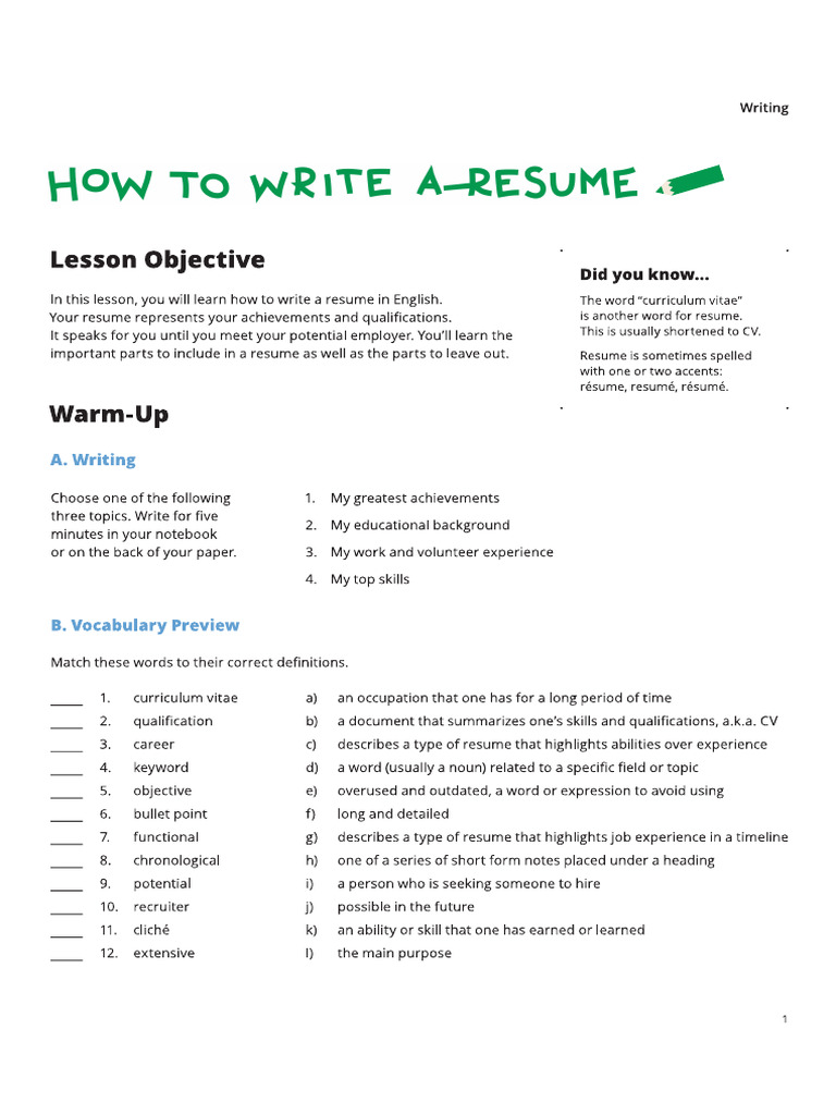 Resume Writing Worksheet | PDF