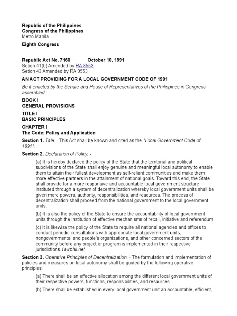 RA 7160 Local Government Code Of 1991 PDF Local Government