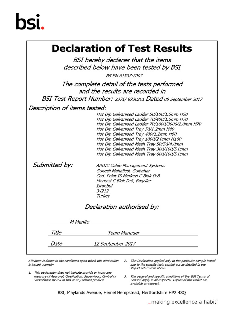 26-BS en 61537-2007 Declarition of Test Results-8730201-2371 | PDF ...