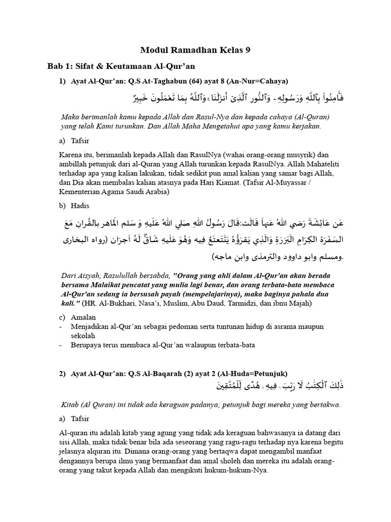 Modul Ramadhan Kelas 9: Al-Qur'an & Akhlak | PDF