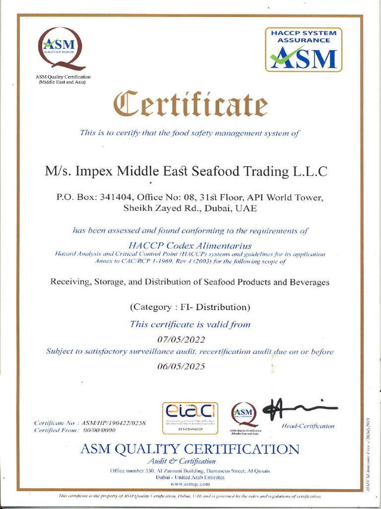Certificate - Impex Middle East Seafood | PDF