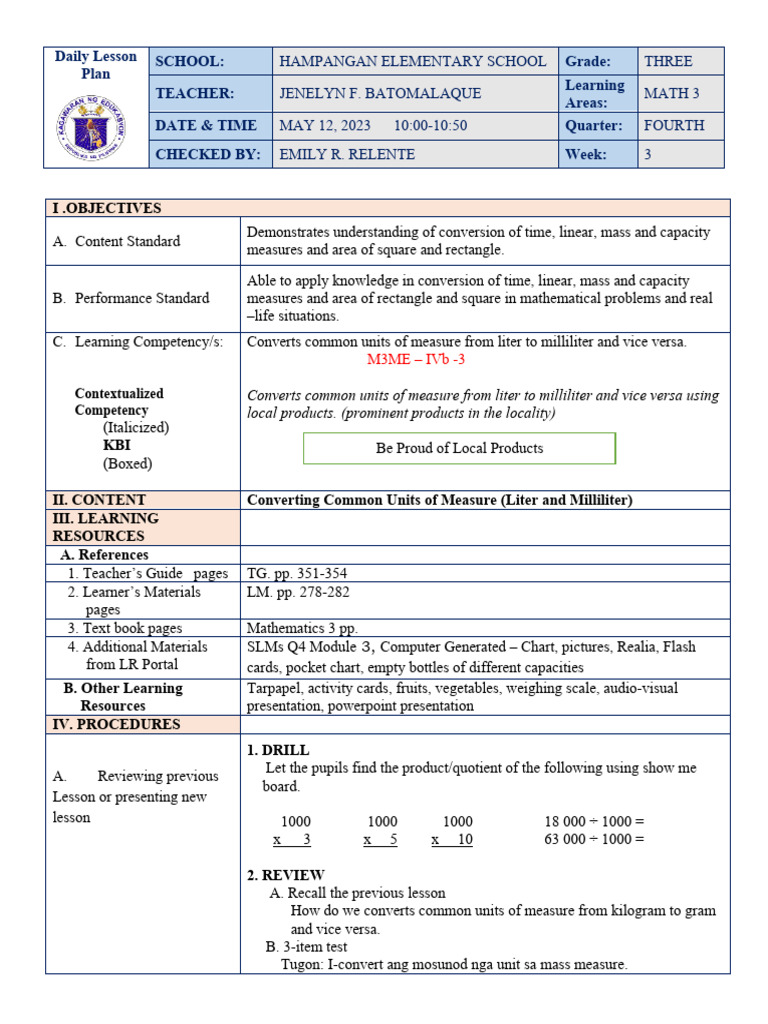 Cot LP in Math3 - q4 Jenelyn F. Batomalaque | PDF | Litre | Weight