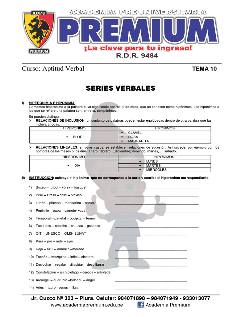 Tema 10 de Aptitud Verbal - Series - Completamiento | PDF