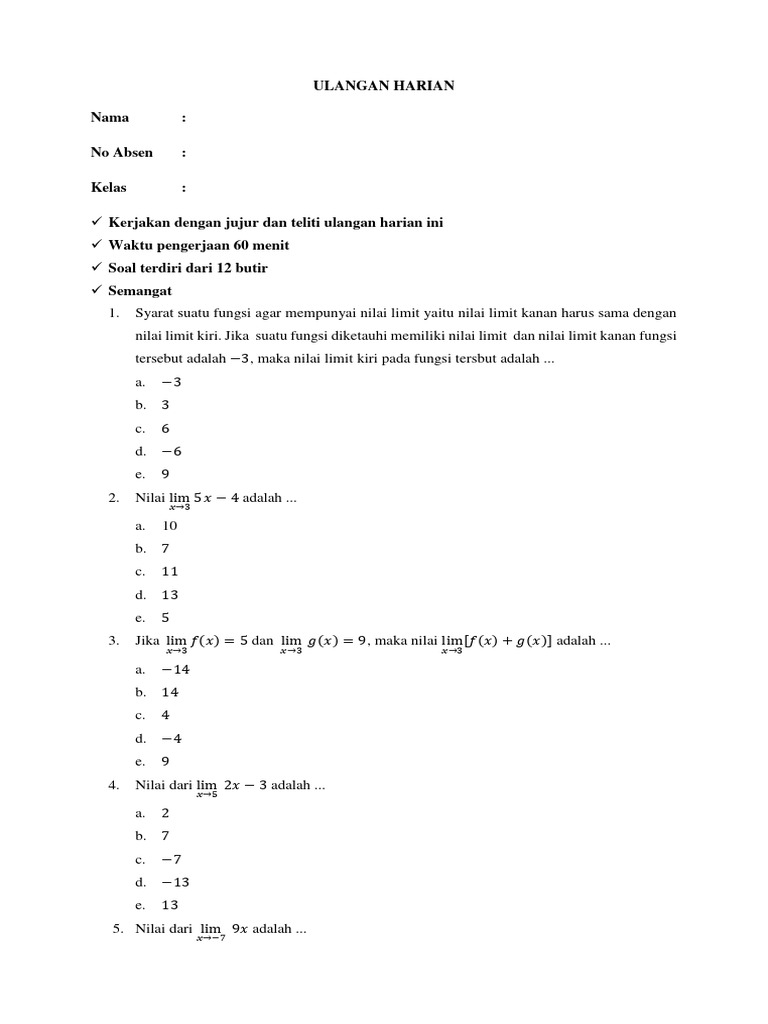Contoh Soal Ulangan Harian Limit | PDF