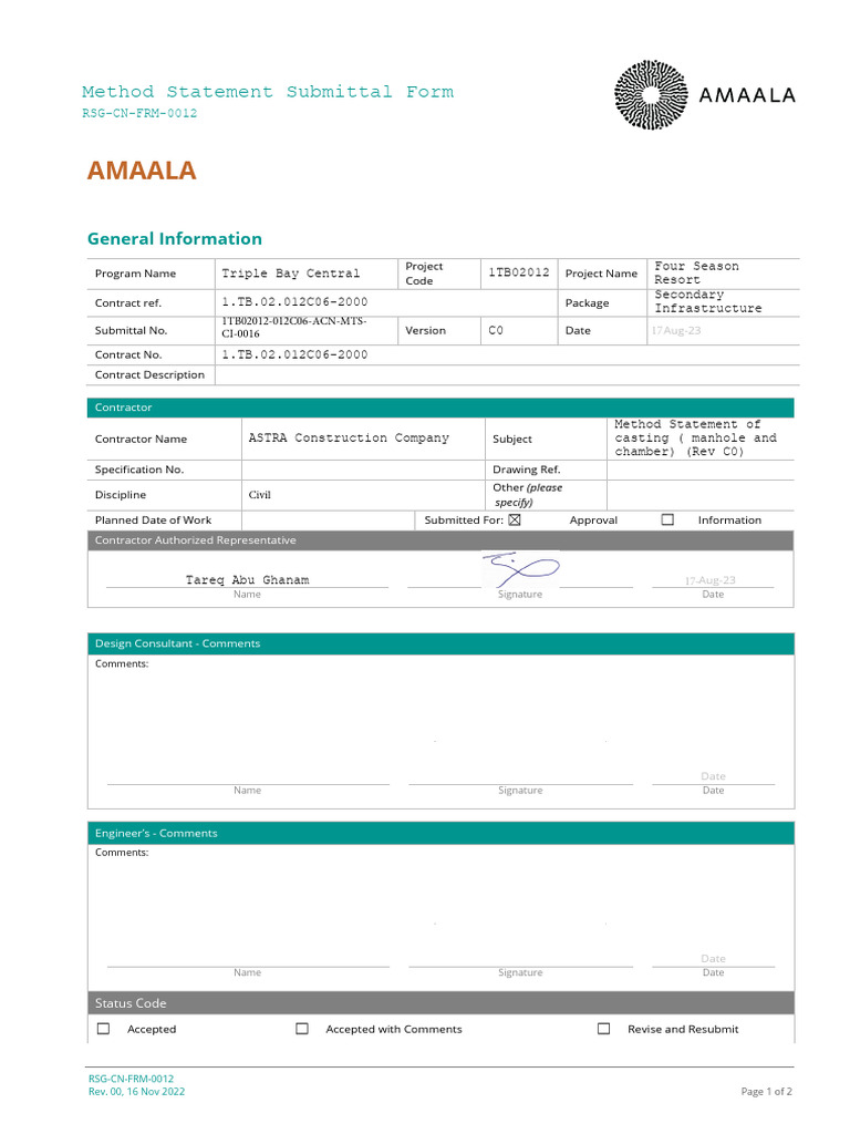 Method Statement of Casting (Manhole and Chamber) (Rev C0) | PDF | Concrete | Quality Assurance