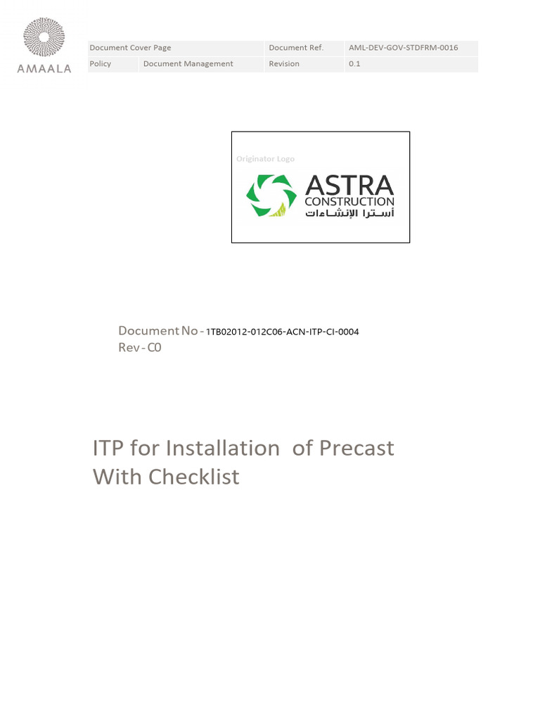 ITP For Installation of Precast With Checklist | PDF | Specification ...